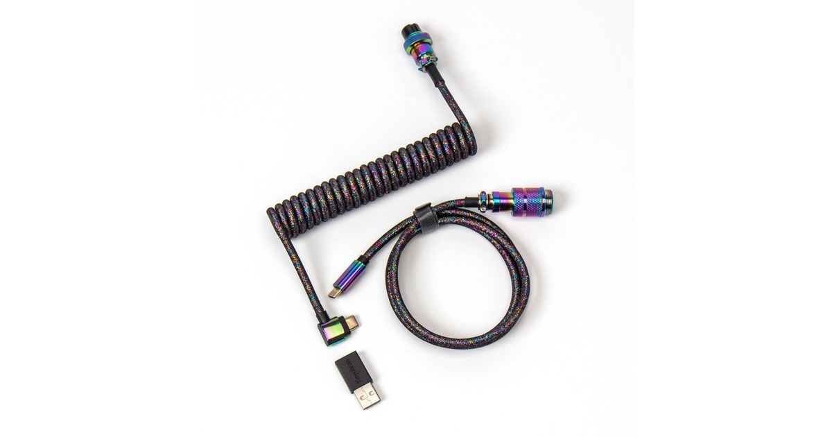 Keychron Premium Coiled Aviator Cable - Rainbow Plated Black, Angled, Câble Noir, 1,08 mètres